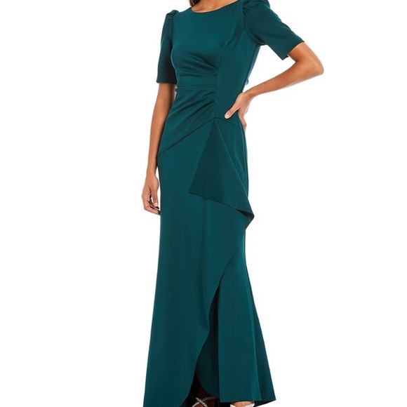 Xscape | Dresses | Xscape Round Neck Puff Shoulder Ruffle Front Ruched ...